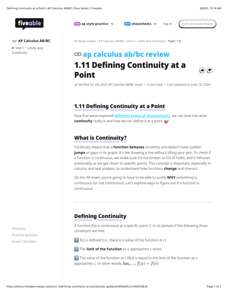 Defining Continuity in AP Calculus | PDF | Function (Mathematics) | Numbers