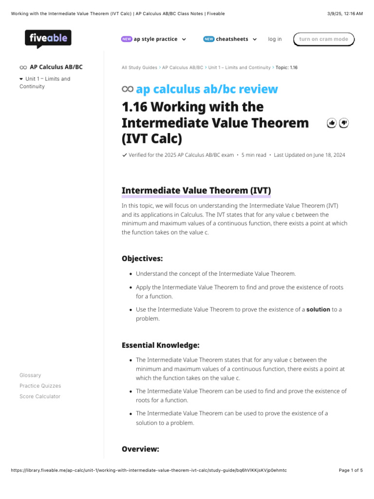 1.16 Working With The Intermediate Value Theorem (IVT Calc) - AP ...