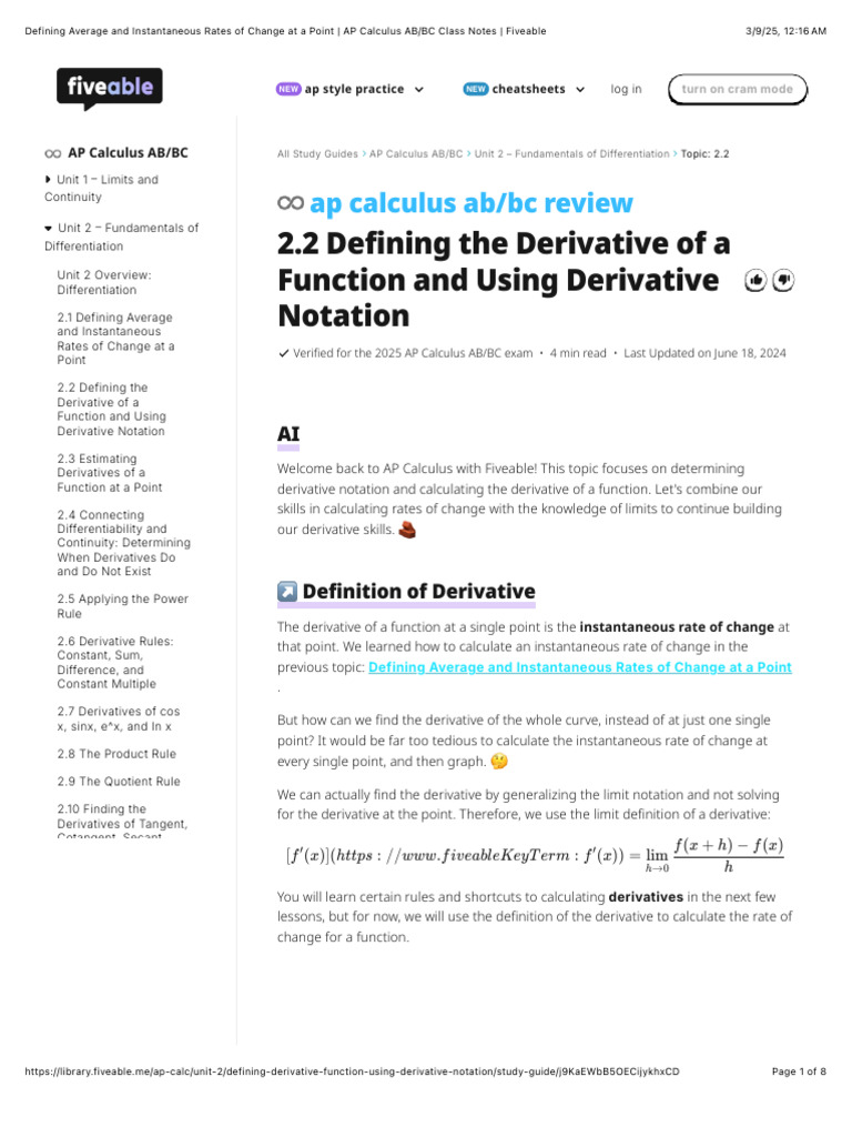 2,2 Defining Average and Instantaneous Rates of Change at A Point - AP ...