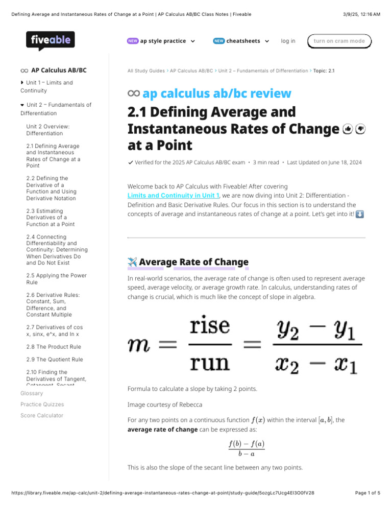 2.1 Defining Average and Instantaneous Rates of Change at A Point - AP ...