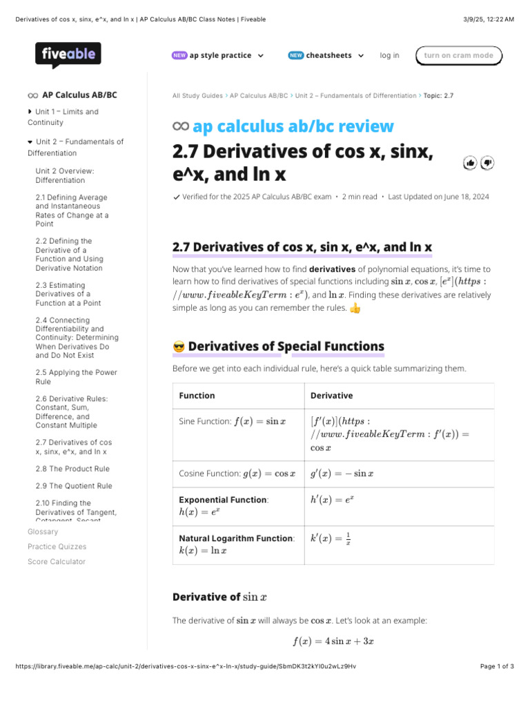 2.7 Derivatives of Cos X, Sinx, e X, and LN X - AP Calculus AB:BC Class ...
