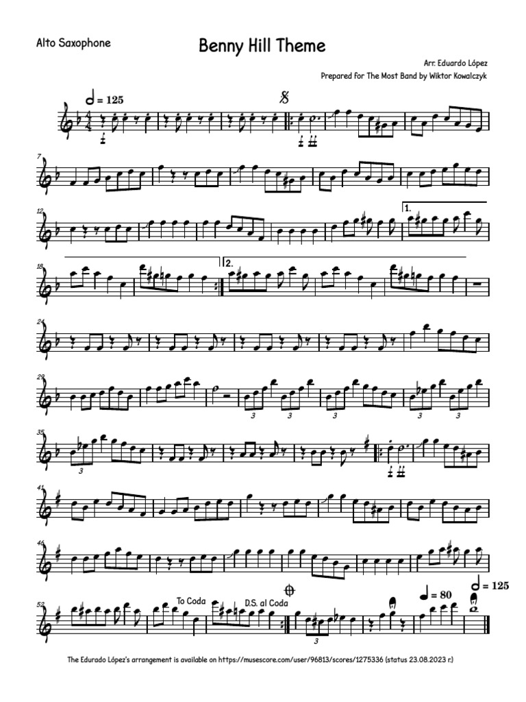 Benny Hill Theme for Alto Saxophone | PDF | Saxophone