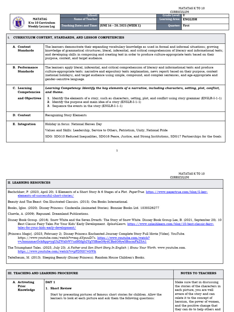 Grade 5 English Week 1 Lesson Plan | PDF | Plot (Narrative) | Snow White