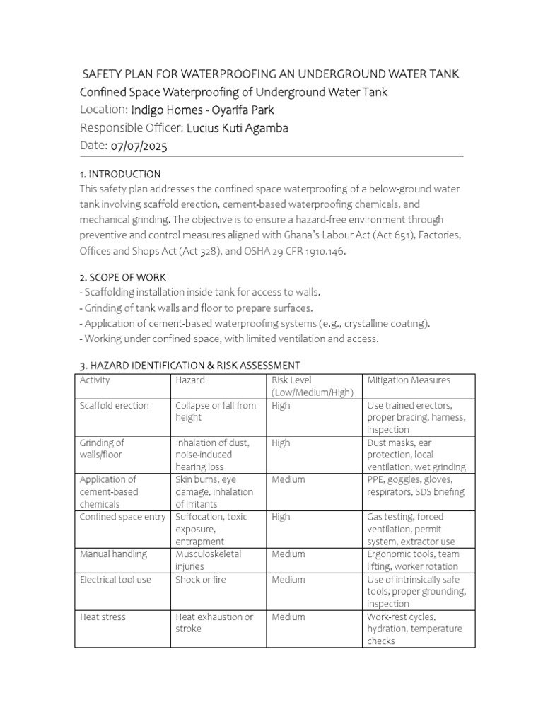 Confined Space Safety Plan Underground Tank - Indigo Homes | PDF ...