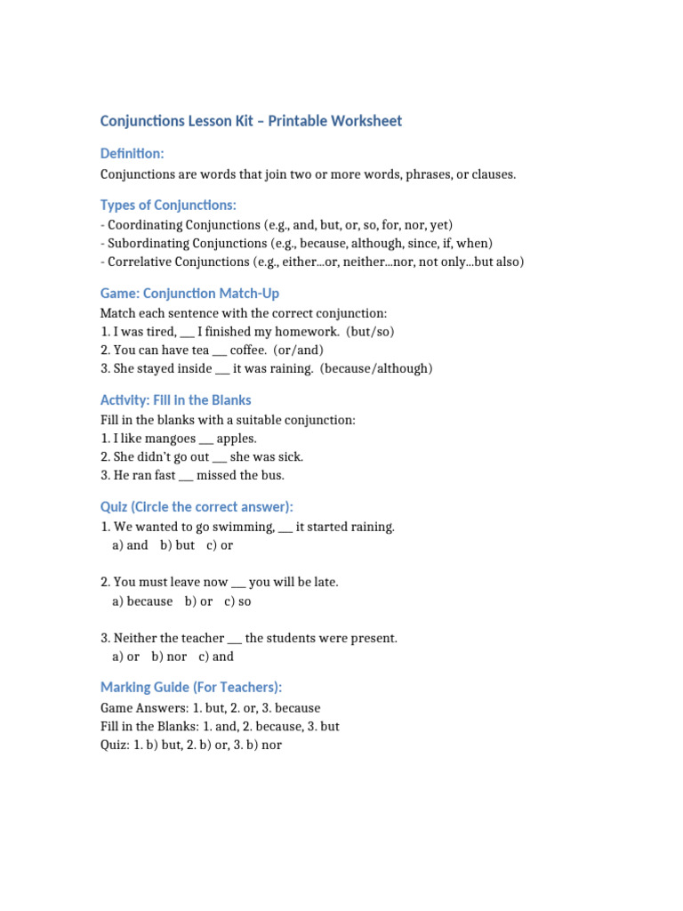 Conjunctions Lesson Kit Worksheet | PDF