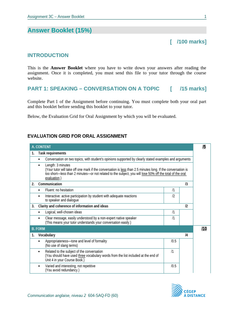 Assignment 3C: Answer Booklet Guide | PDF | Vocabulary | Language Education