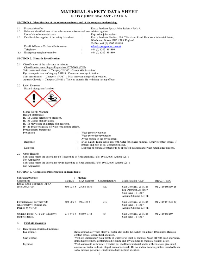 Epoxy Joint Sealant Safety Data Sheet | PDF | Toxicity | Occupational ...