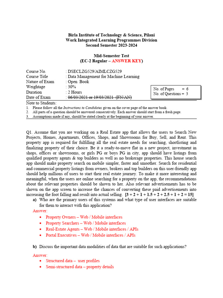 DSECLZG529 AIMLCZG529 Data Management For Machine Learning Midsem - Regular AK 2 | PDF | Apache ...