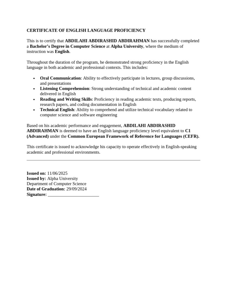 Certificate of English Language Proficiency | PDF