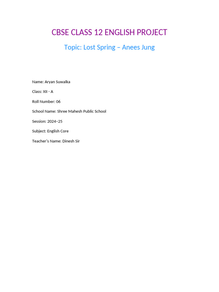 Lost Spring English Project Class 12 Colored Final | PDF
