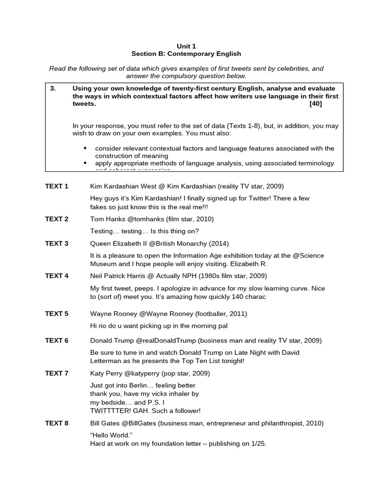A Level English Language Unit 1 Tweets Questions | PDF
