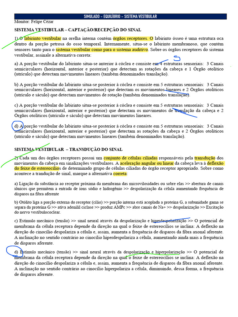 Simulado Sistema Vestibular Sem Gabarito PDF | PDF | Sistema vestibular | Neurociência