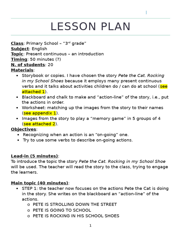 FAVA JESSICA - Lesson Plan - Primary School (3rd Grade) | PDF | Grammar ...