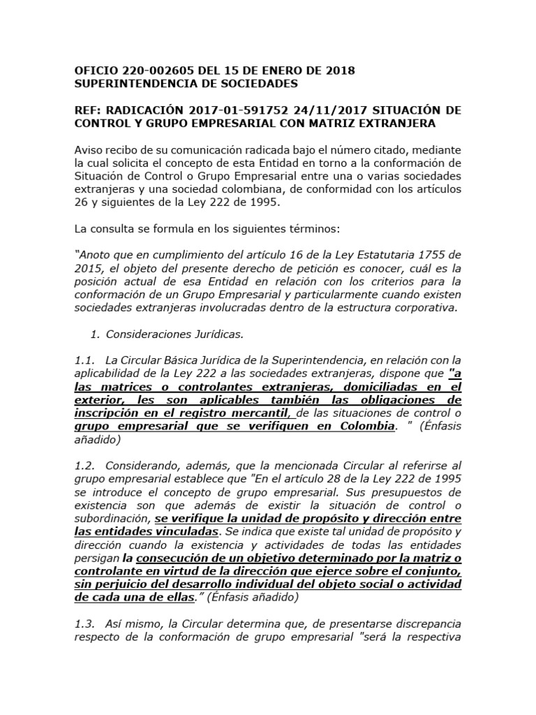 2018 Oficio No. 220 002605 Situacion de Control vs. Grupo Empresaria | PDF | Sociedad de ...