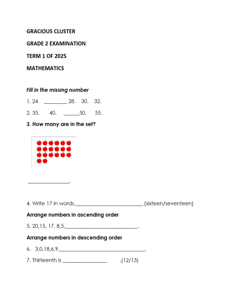 Grade 2 Maths Exam Term 1 2025 | PDF