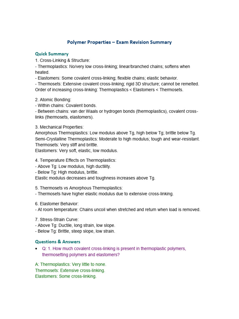 Polymer Properties Revision Summary Colored | PDF | Cross Link | Elastomer