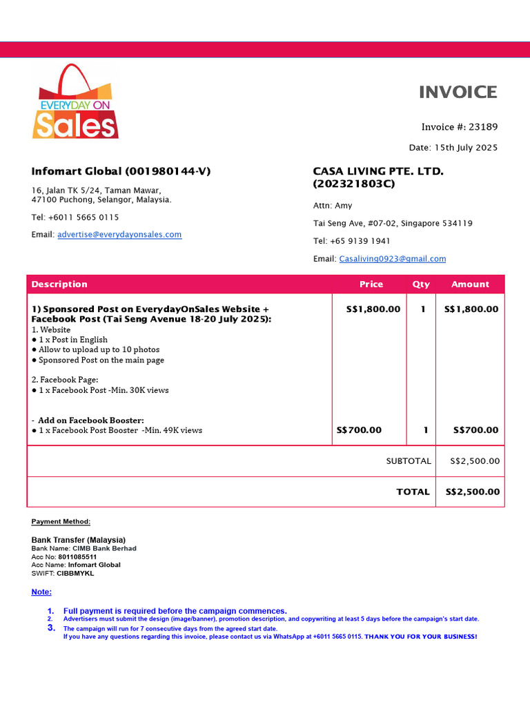 Invoice Casa Living 2025 July Tai Seng INV-23189 | PDF | Promotion And ...