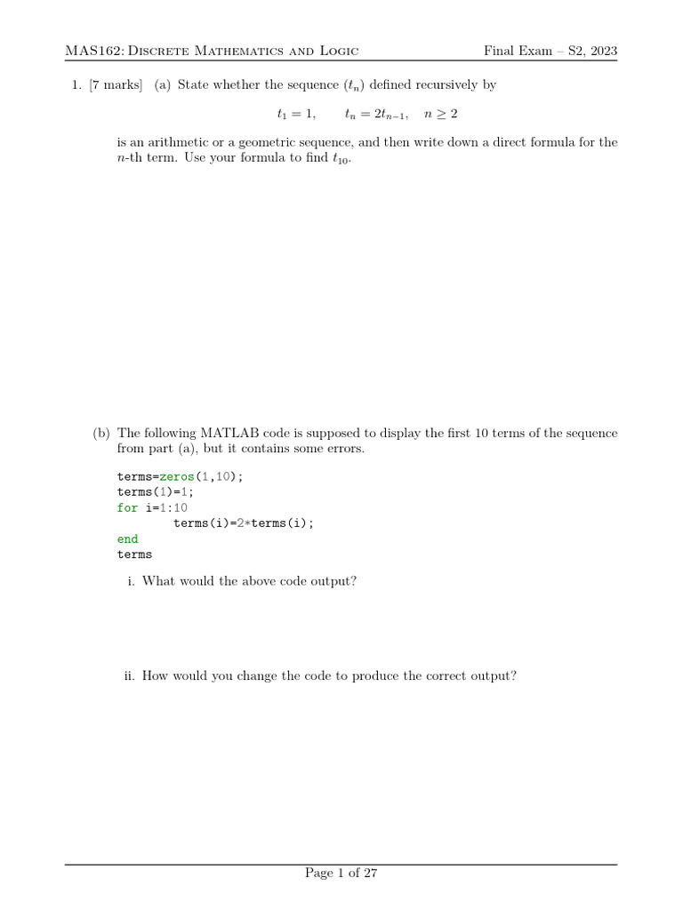MAS162 Sem 2 2023 Final | PDF | Logic | Mathematical Logic