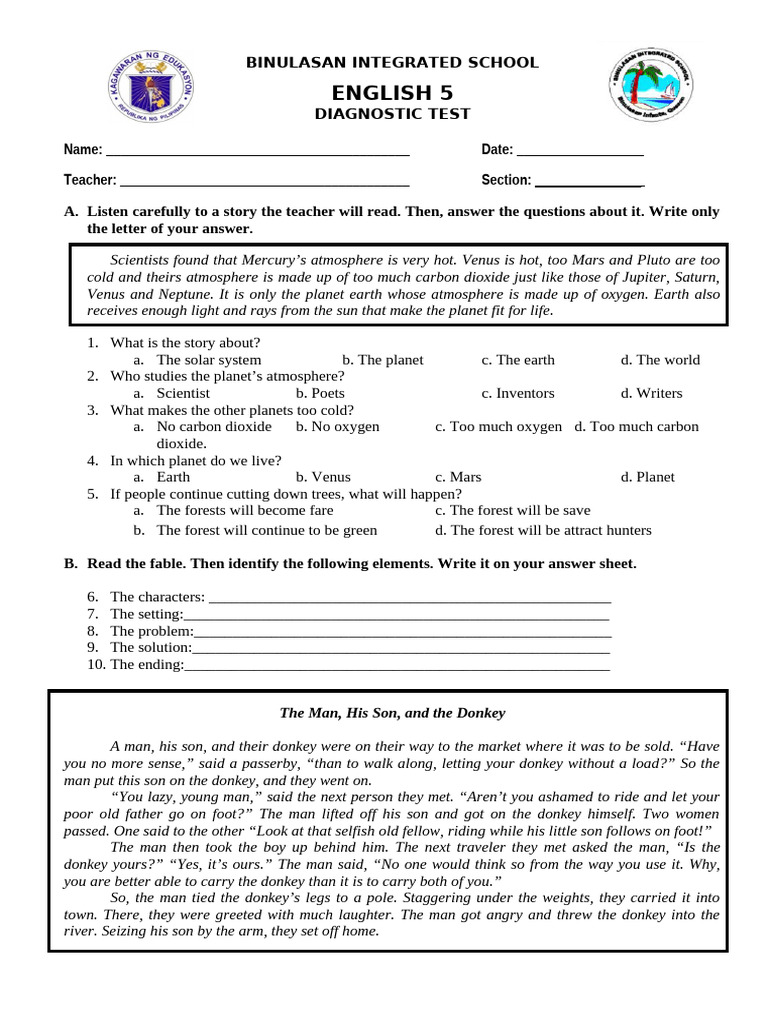 English 5 Diagnostic Test for Students | PDF | Planets | Atmosphere