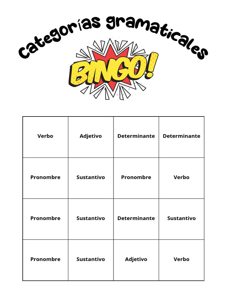 Bingo Gramatical: Categorías Clave | PDF