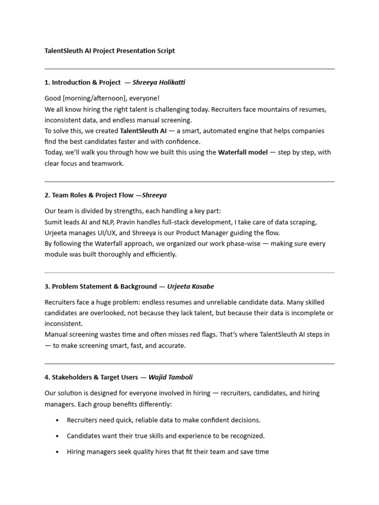 TalentSleuth AI Project Presentation Script | PDF | Résumé | Artificial Intelligence