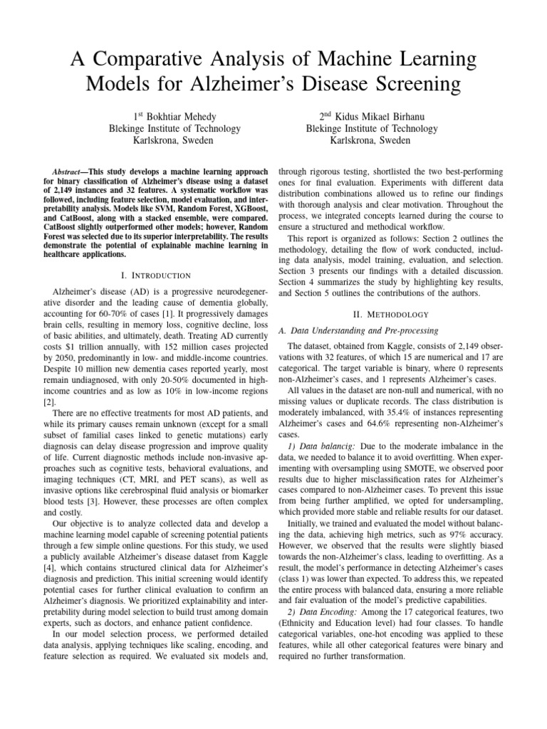 A Comparative Analysis of Machine Learning Models For Alzheimer's Disease Screening | PDF ...
