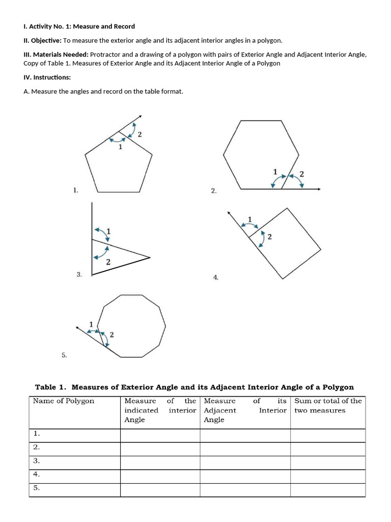 Exterior and Adjacent Interior Angle Worksheet | PDF