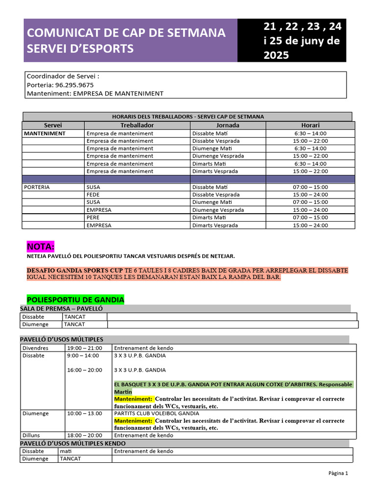 Comunicat de Cap de Setmana Servei D'Esports: 21, 22, 23, 24 I 25 de Juny de 2025 | PDF