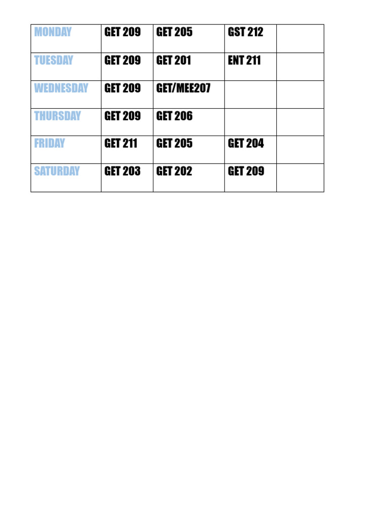 Weekly Class Schedule Overview | PDF