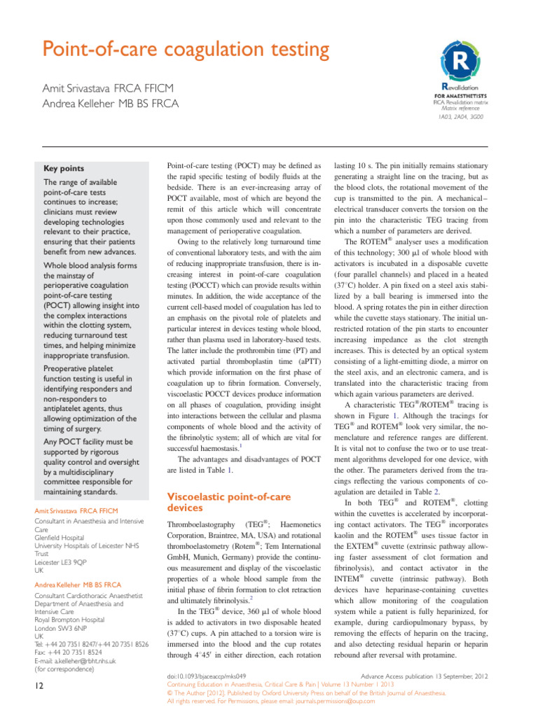 Point-of-Care Coagulation Testing Insights | PDF | Platelet | Coagulation