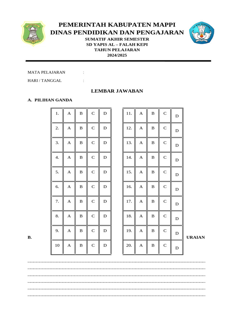 Lembar Jawaban SD Yapis Al Falah Kepi | PDF