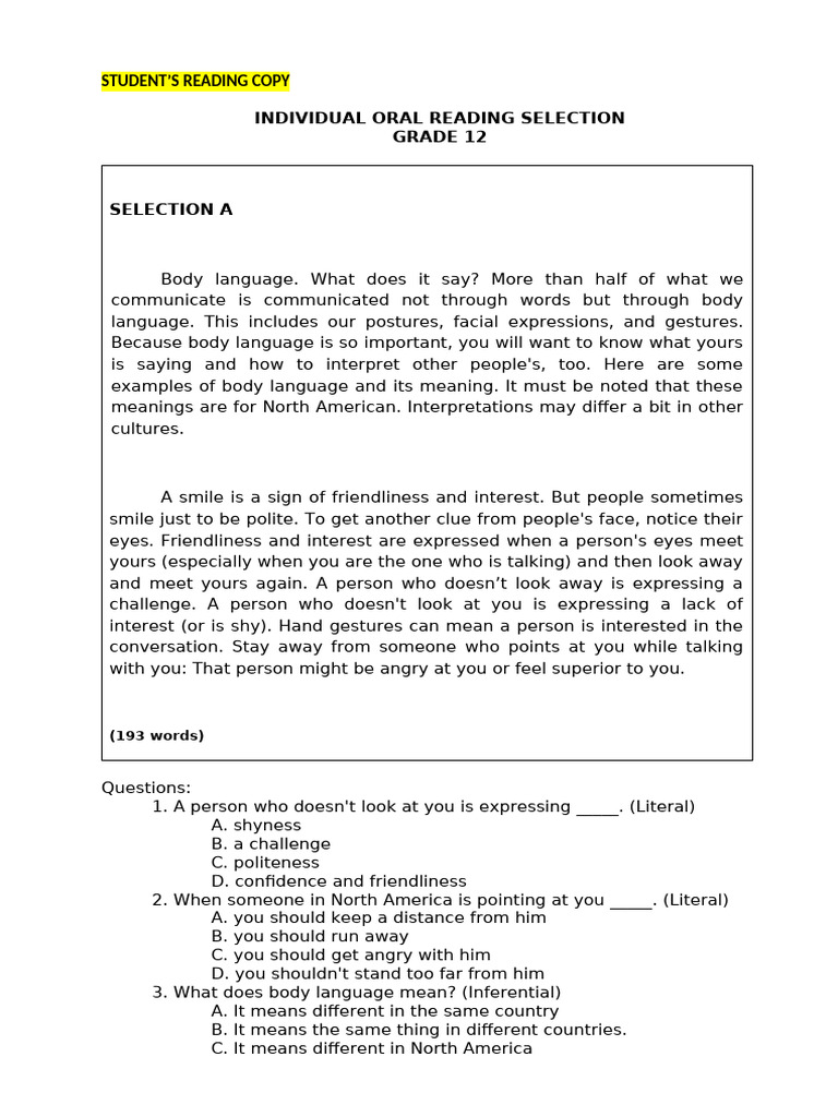 Oral Reading Selection Grade 12 Selection A | PDF | Body Language | Psychological Concepts
