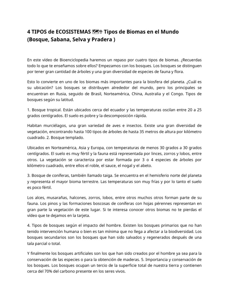 4 TIPOS de ECOSISTEMAS ? ? Tipos de Biomas en El Mundo (Bosque, Sabana, Selva y Pradera) | PDF ...