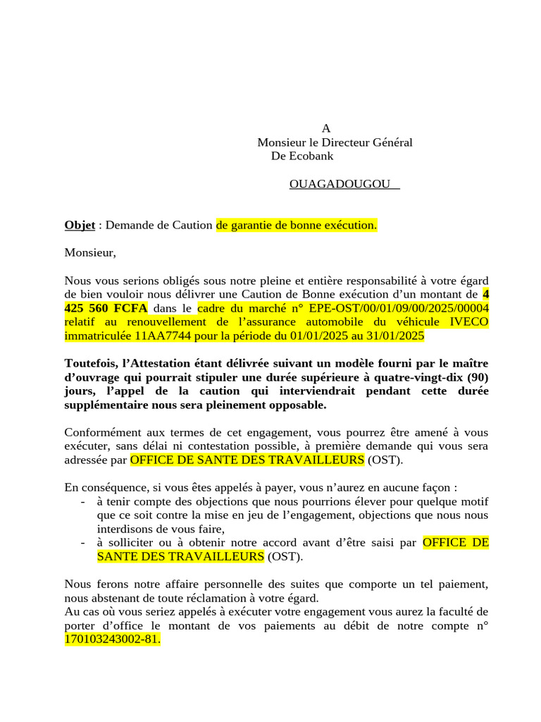 Demande de Caution de Bonne Exécution | PDF | Cautionnement
