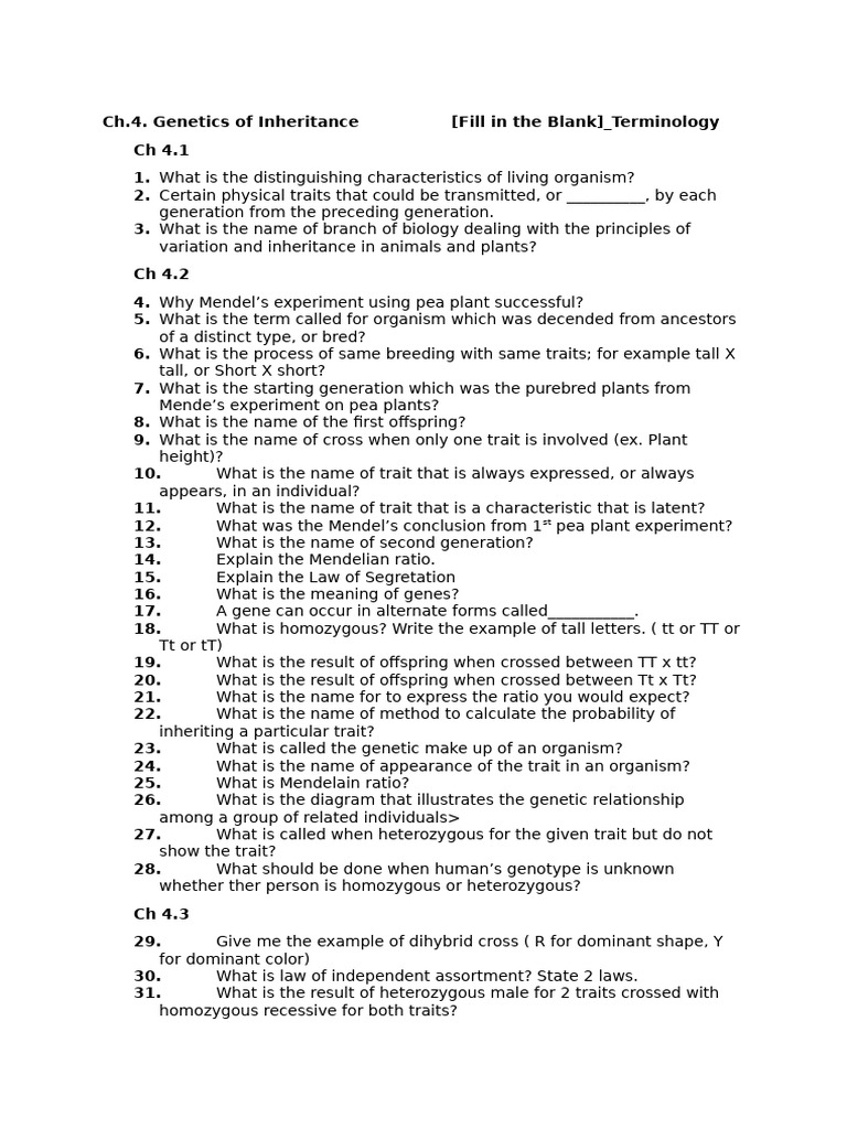 Chatper 4 Worksheet FIB | PDF | Dominance (Genetics) | Allele