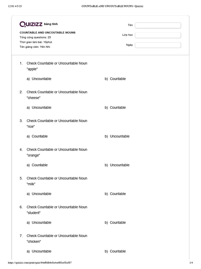 Countable vs Uncountable Nouns Quiz | PDF | Cuisine | Foods