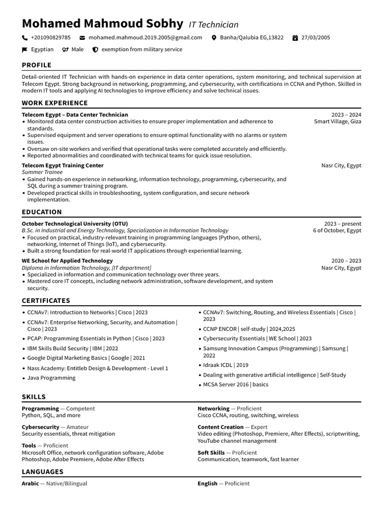 Mohamed Mahmoud Sobhy CV | PDF | Cisco Certifications | Computer Science