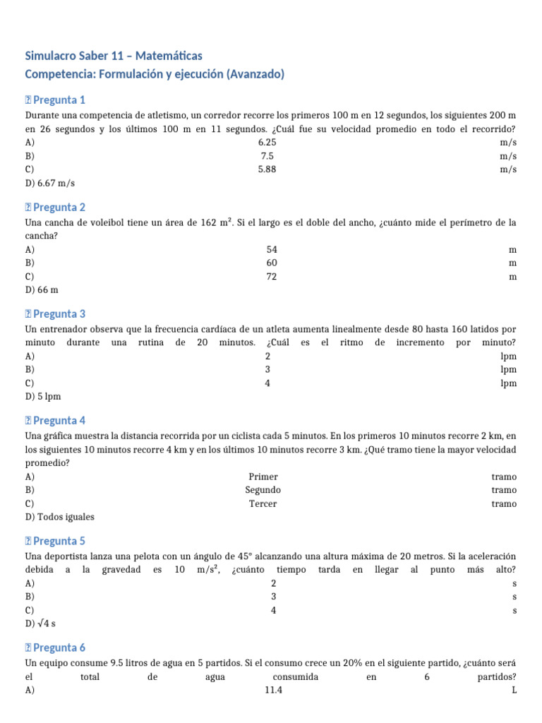 Simulacro Matematicas Formulacion Ejecucion Avanzado | PDF