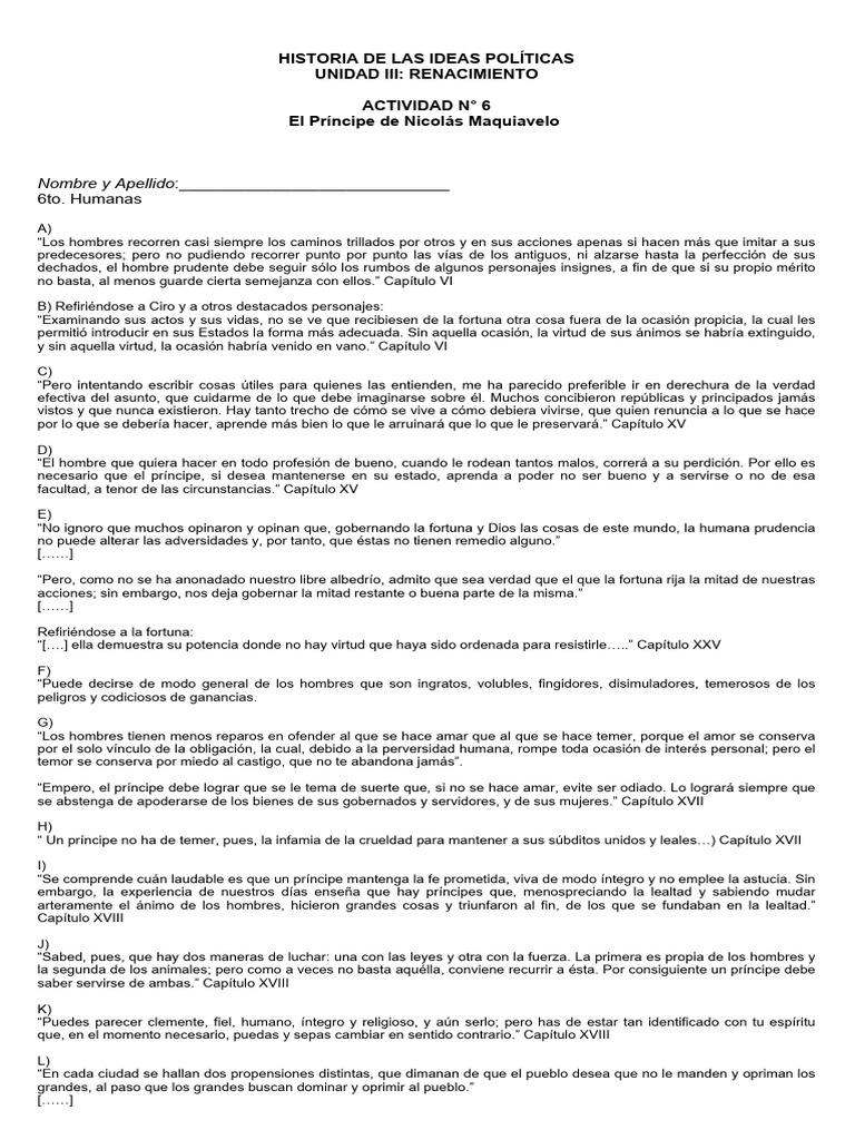 Actividades Hria Ideas Politicas - Unidad III - Renacimiento | PDF | El príncipe | Nicolás ...