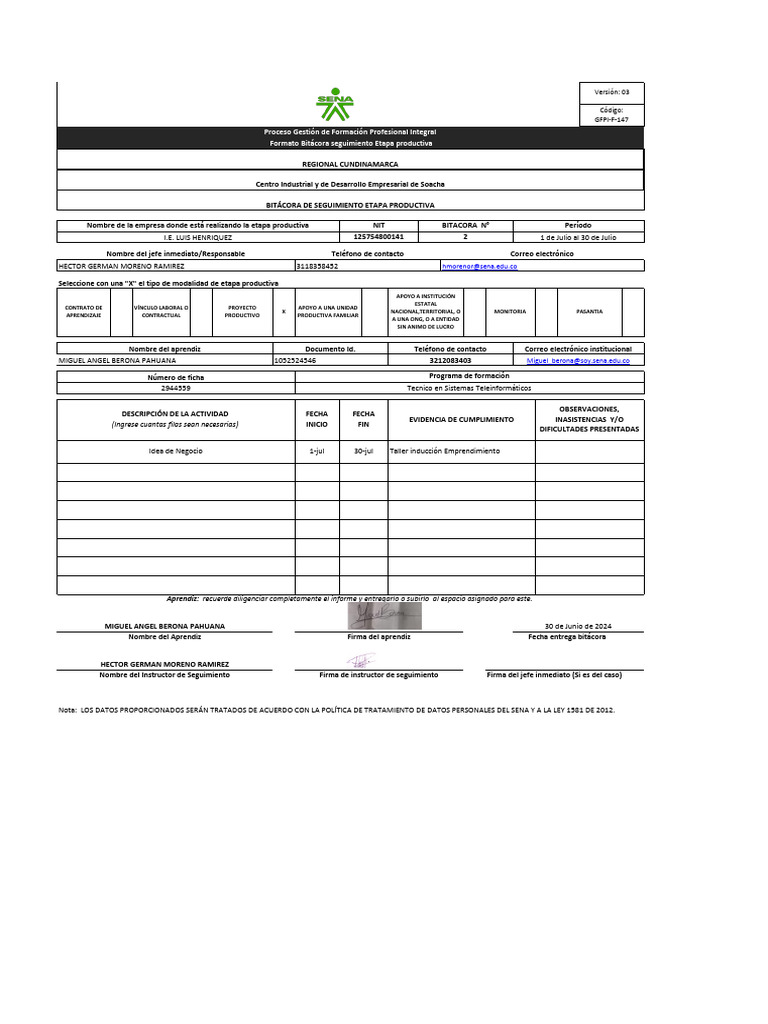 Formato Bitacora 2 | PDF