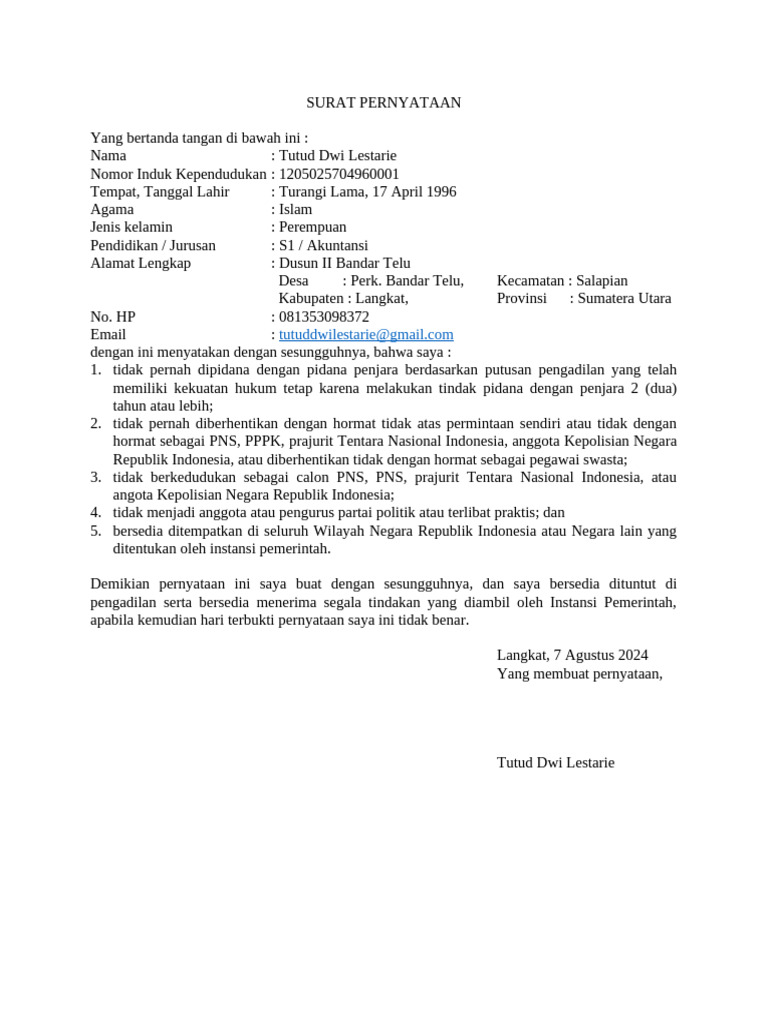Surat Pernyataan Tutud 1 | PDF
