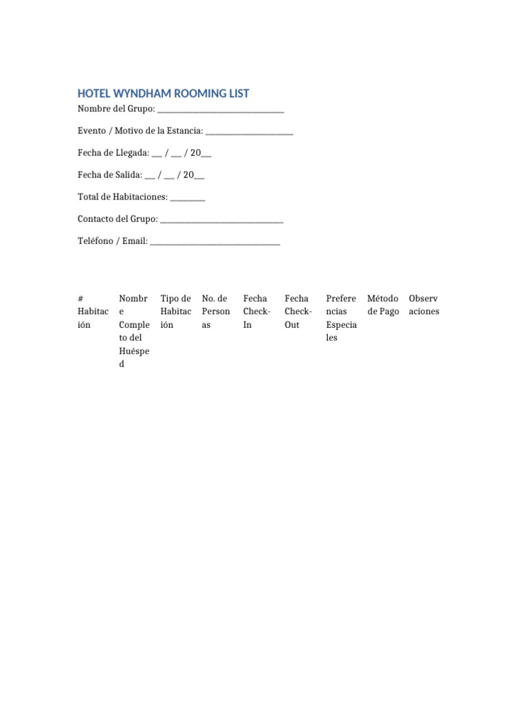 Rooming List Wyndham | PDF