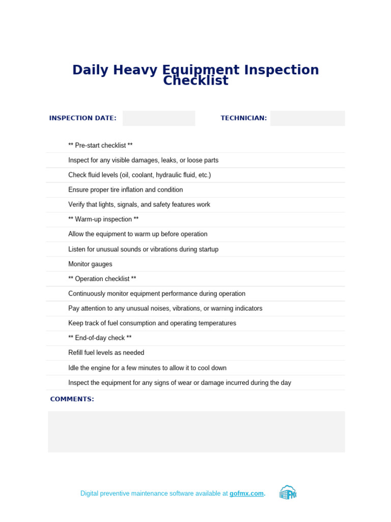 Daily Heavy Equipment Inspection Checklist | PDF