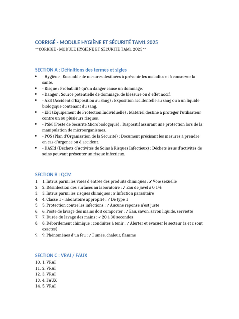 Corrigé Hygiène et Sécurité TAM1 2025 | PDF | Hygiène des mains | Infection
