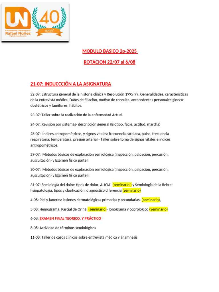 Temario Modulo Basico Semio 2p 2025 | PDF