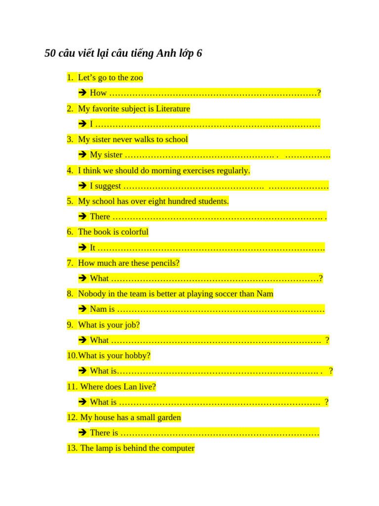 Bai Tap Viet Lai Cau Mon Tieng Anh Lop 6 So 2 | PDF | Chess Openings | Chess