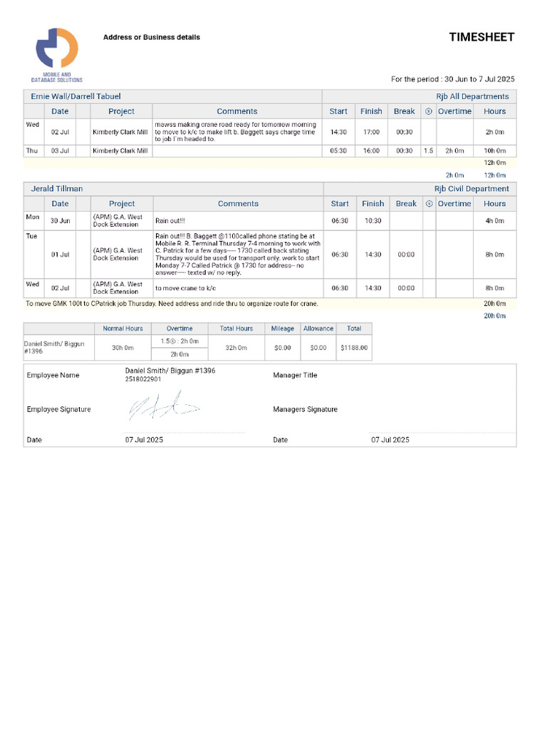Timesheet 2025-06-30 To 2025-07-07 Daniel Smith Biggun #1396 1 | PDF