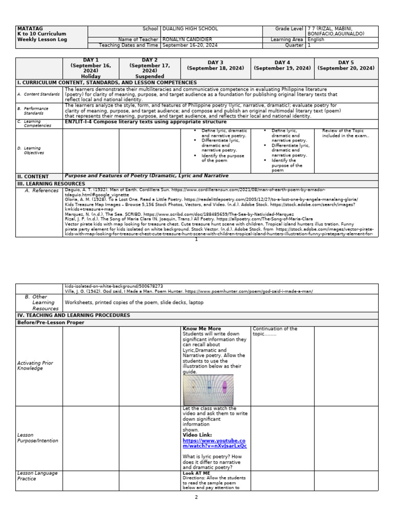Matatag Lp q1 Week 4 (2) | PDF | Poetry | Narrative