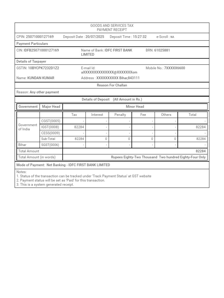GST Payment Receipt for Kundan Kumar | PDF