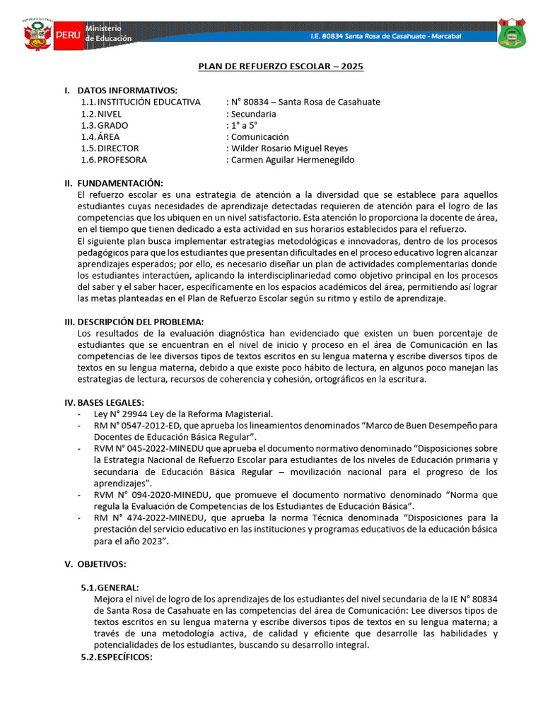 Plan de Refuerzo Escolar 2025 - COMUNIC. | PDF | Educación primaria | Maestros